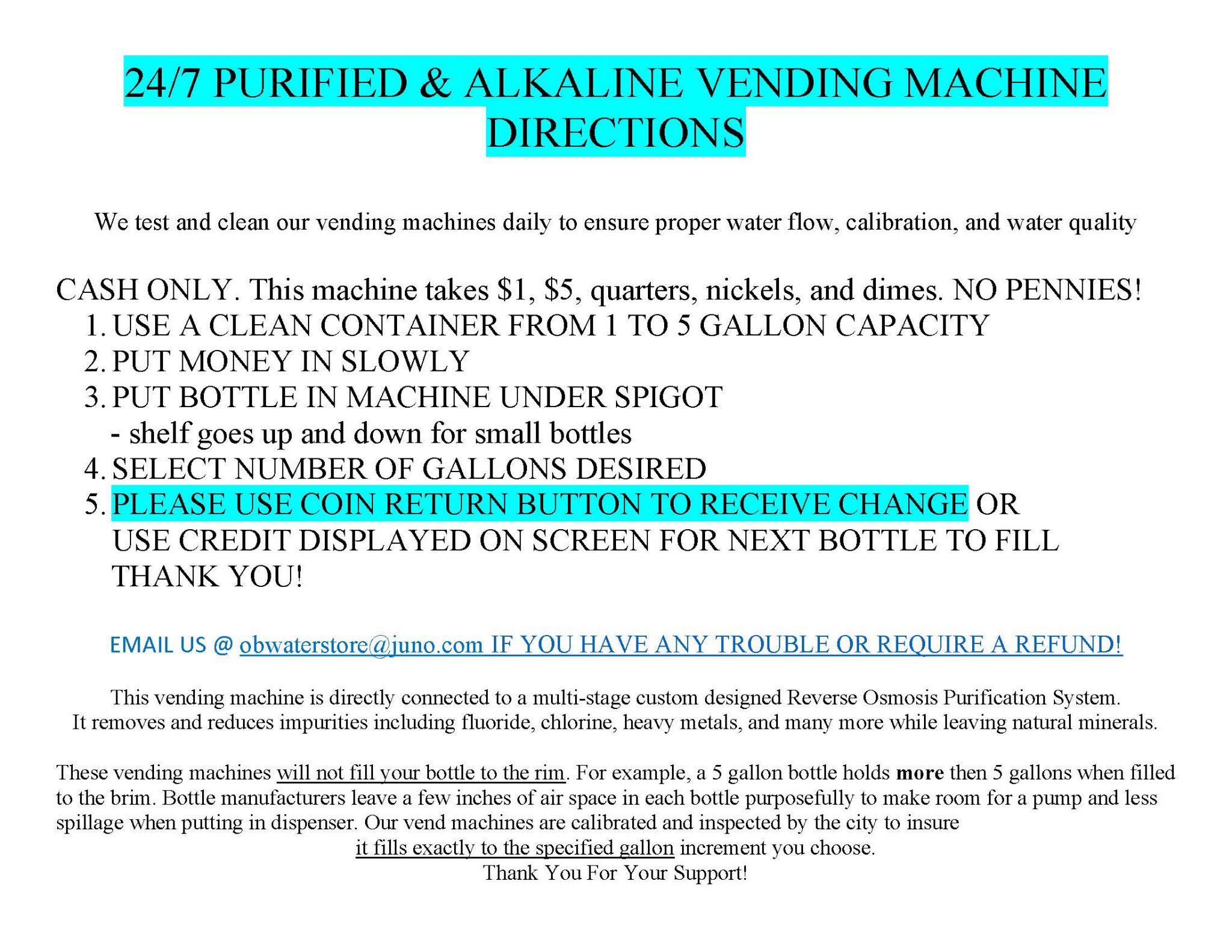 Vending Machine Instructions – Welcome To O.B. Water Store Inc.
